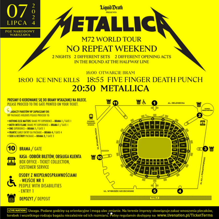 Metallica w Warszawie: Mapa, rozpiska, timing, bilety, parking | Teraz ...